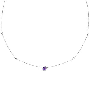 .925 Sterling Silver Genuine Purple Amethyst & Lab-Grown White Sapphire 5 Station Necklace - 20” Cable Chain - February