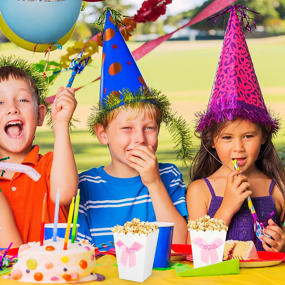 JarThenaAMCS 36Pcs Mini Popcorn Boxes White Popcorn Buckets with Pink Bow Paper Candy Favor Boxes Popcorn Treat Boxes for Movie Night Party Supplies, 4.2 x 3 x 2.2 Inch