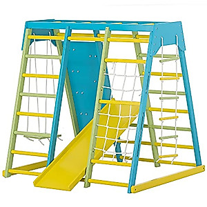 Avenlur Magnolia Indoor Playground 6-in-1 Jungle Gym Montessori Waldorf Style Wooden Climber Playset Slide, Rock Climbing Wall, Rope Wall Climber, Monkey Bars, Swing for Toddlers, Children Kids 2-6yrs