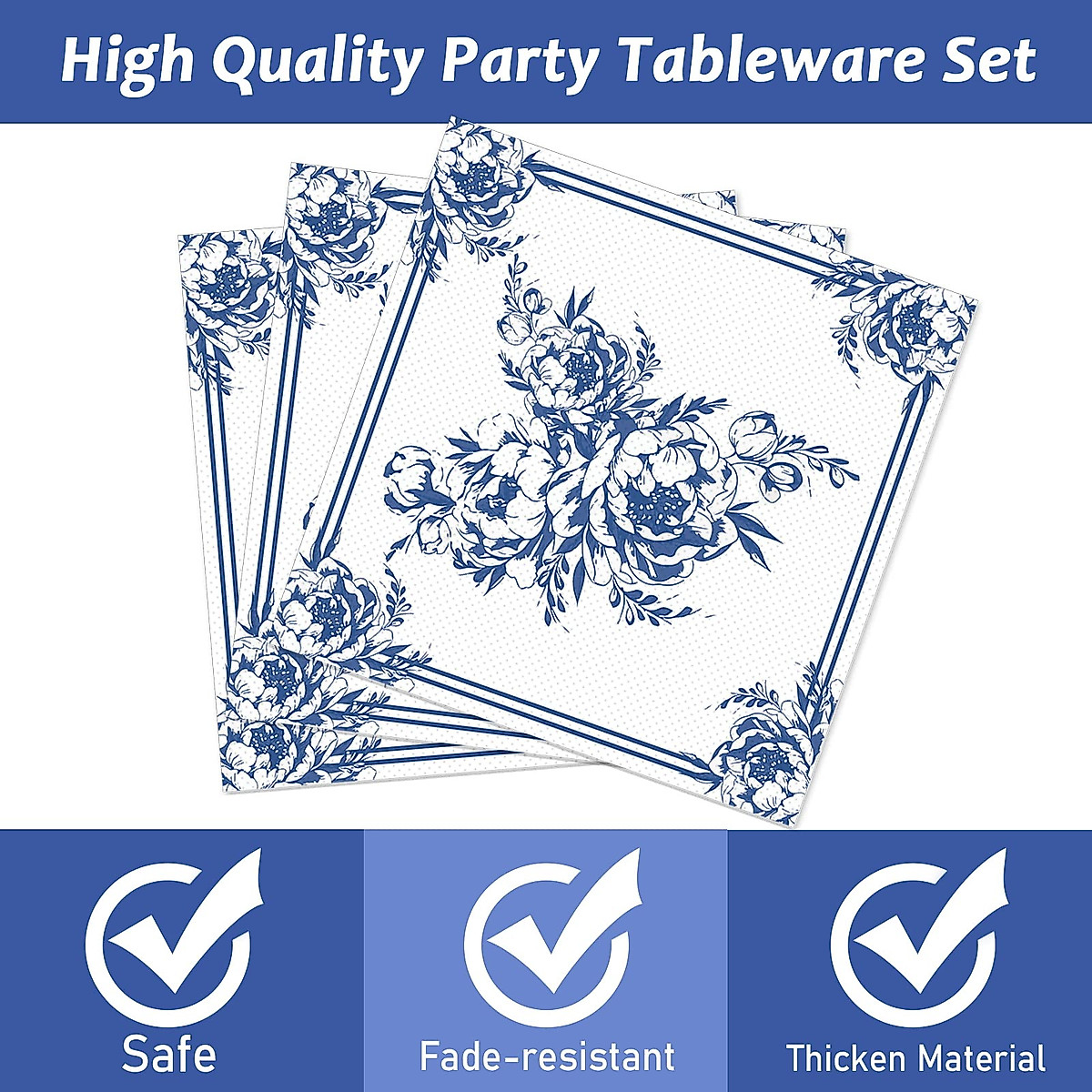 96 PCS Floral Blue & White Flower Party Tableware Set Disposable Party Supplies Decorations Bridal Birthday Baby Shower Tea Spring Summer Dinnerware Decor for Men Women Plates Napkins Forks Serve 24