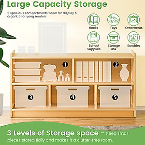 Oirfaxs Montessori Shelf 5-Section Wooden Storage Cabinet, 2-Shelf Toy Storage Organizer, Kids Classroom Bookcase Storage Organizer, Book Shelves for Kids Room, Nursery, Playroom Daycare Furniture