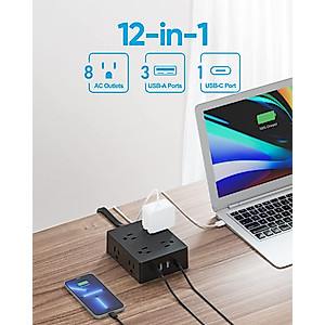 Surge Protector Power Strip, Olcorife Ultra Thin Flat Plug Extension Cord 5 ft, 8 Outlets 4 USB Ports(1 USB C), 1080J, Wall Mount Outlet Extender, College Dorm Room Essentials, Black