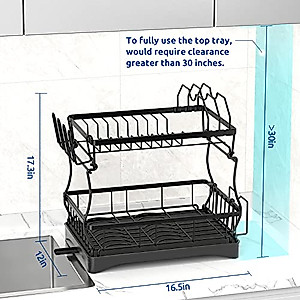 Dish Drying Rack, 2-Tier Dish Drying Rack with Drainboard Set, Black Metal Dish Rack Plate Rack for Kitchen Counter, Dish Drainer with Utensil & Cutlery Holder - Space-Saving Organizer for Countertop