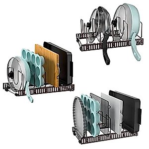Puricon (3 Set) Pot Rack Pan Lid Organizer with 15 Adjustable Dividers, Pot Lid Skillet Griddle Cutting Board Baking Pan Holder, Cookware Rack for Kitchen Cabinet Cupboard Pantry Storage -Bronze