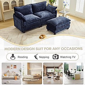 IPKIG 77.5" Sectional Sofa Comfy Cloud Couch - Chenille Fabric L Shaped Couch with Ottoman, Side Pocket and Pillows, 2 Seater Sectional Couches for Living Room Apartment Studio, Blue
