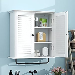 TaoHFE Bathroom Cabinet Wall Mounted White Designer Bathroom Wall Cabinet Medicine Cabinet with Double Shutter Doors 3 Tier Adjustable Shelf with Towel Rack Over The Toilet Storage Cabinet Laundry
