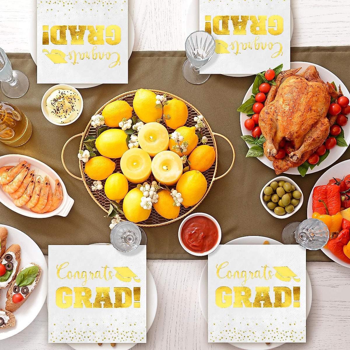 100 Pcs Graduation Napkins Party Decorations, Class of 2024 Congrats Gard Paper Cocktail Napkins, White and Gold Foil Napkins Disposable for High School College Graduation Party Supplies, Gold