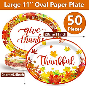 50PCS Thanksgiving Oval Paper Plates Large 11” Disposable Fall Party Autumn Maple Leaf Give Thanks Platters, Gold Foil Fall Design Heavy Duty Dish Tray for Picnic Carnival Dinner Tableware, White