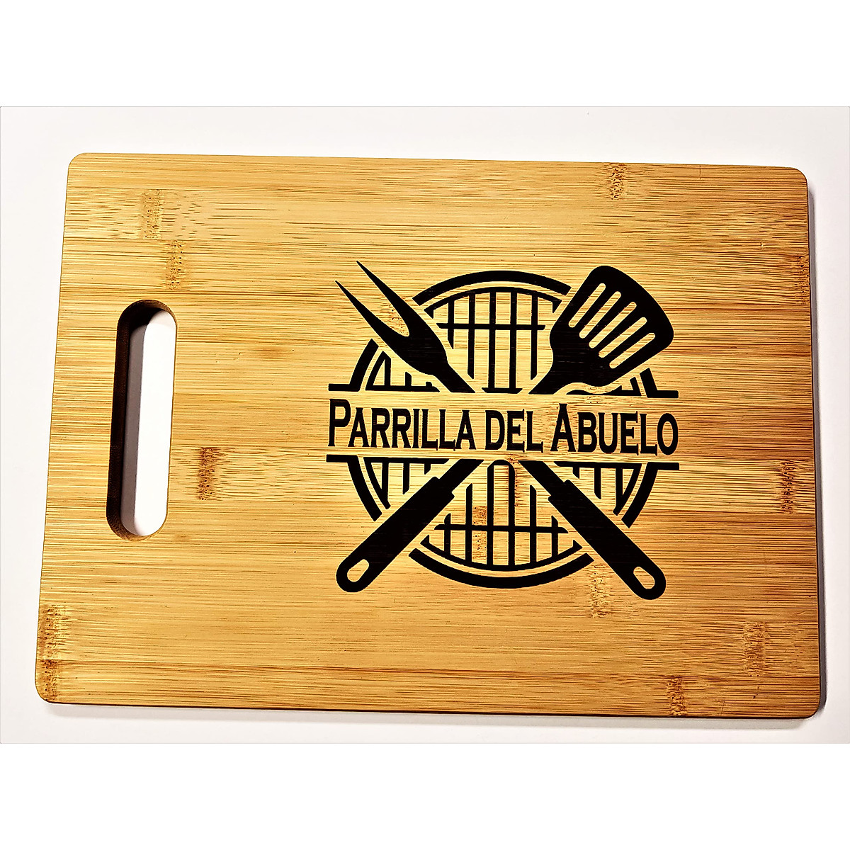 Parrilla del Abuelo Engraved Bamboo Wood 9.5x13 BBQ Cutting Board with Handle for Mexican Spanish Hispanic Grandfather or Father's Day
