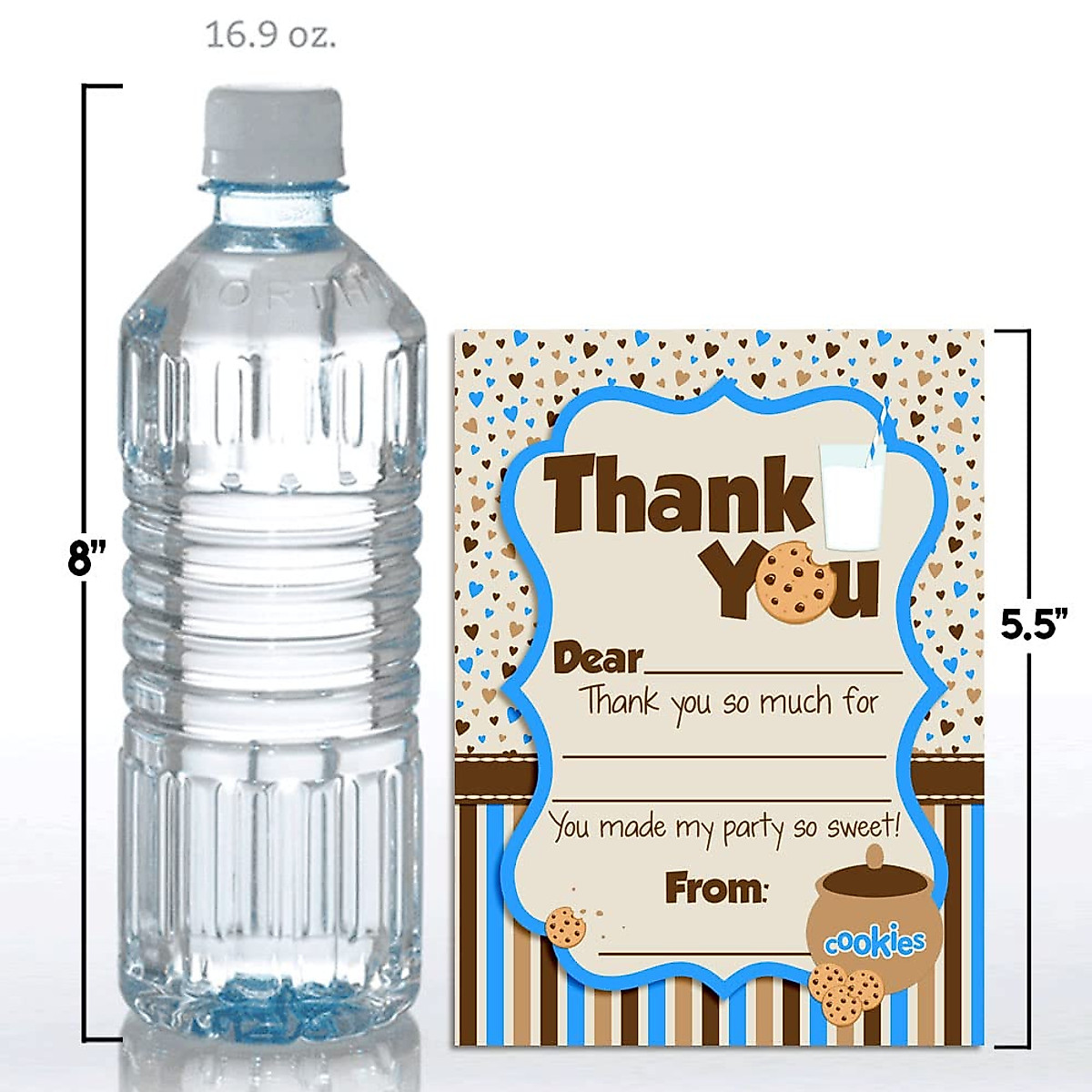 Milk & Cookies Blue & Brown Birthday Thank You Notes, Ten 4" x 5.5" Fill In The Blank Cards with 10 White Envelopes by AmandaCreation