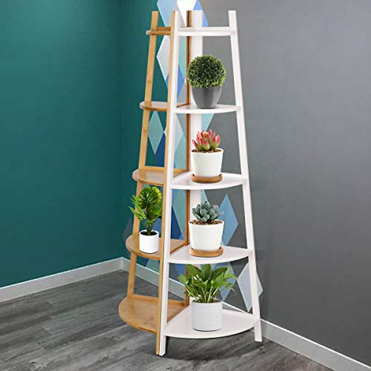 Magshion 5 Tier Bamboo Corner Storage Display Rack Shelves Kitchen Bath Plant Stand (White)