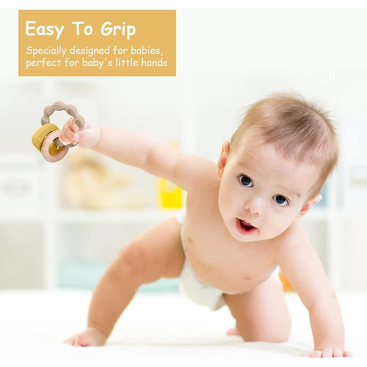 Vicloon Baby Teether Toys, Silicone & Natural Wood Teether Ring, Baby Teething Toys for Babies 0 Months+, Silicone Chewable Rings for Newborn Gift（Yellow）