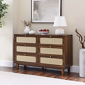NicBex Rattan Dresser for Bedroom Chest of Drawers with 6 Drawers,Modern Cannage Rattan Wood Closet Chest of Drawers,Rattan Storage Dresser for Closet, Bedroom,Living Room,Hallway,Natural Walnut