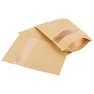 SHEUTSAN 200 Pack 6.6 x 9.4 Inch Kraft Stand Up Zip Lock Pouches, 17 x 24cm Brown Resealable Bags with Window, Reusable Kraft Zipper Paper Bags for Food Storage