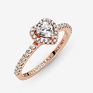 Pandora Sparkling Elevated Heart Ring - Rose Gold Ring for Women - Layering or Stackable Ring - Gift for Her - 14k Rose Gold-Plated Rose with Cubic Zirconia - Size 5
