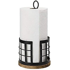 MyGift Black Metal Farmhouse Paper Towel Holder Kitchen Countertop Stand with Brown Wood Base and Top Ring Handle