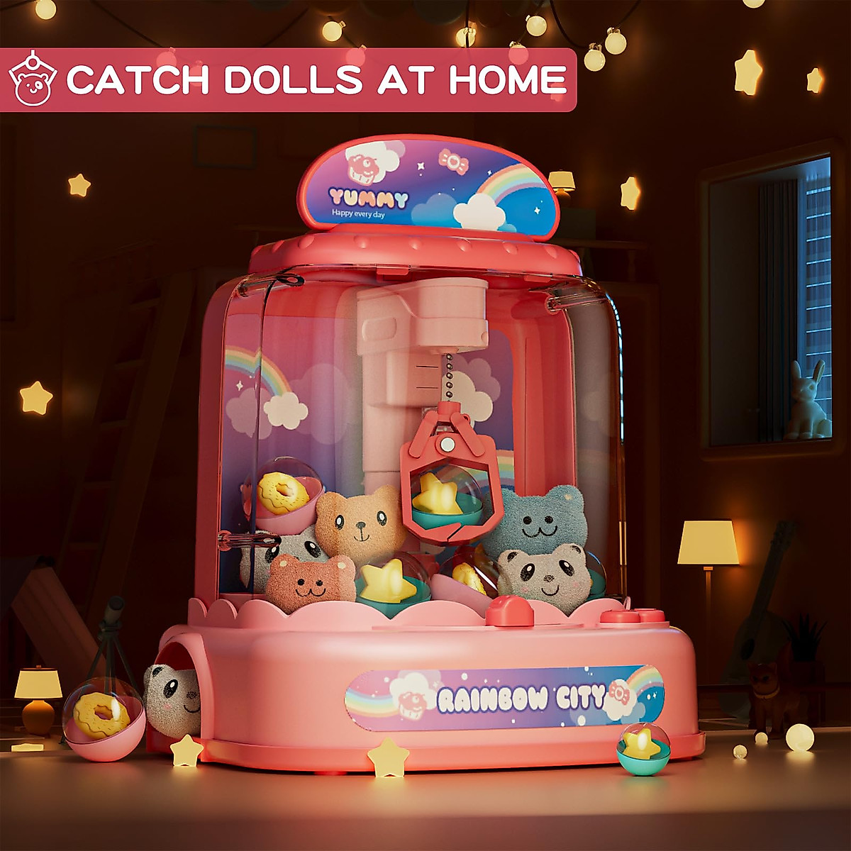 DOLIVE Mini Claw Machine for Kids，Electronic Dispenser Arcade Game Toys,Kids Vending Pink Machines with 6 Dolls 10 Capsule Toys, Grabber Plush,Adjustable Sounds and Music, Gifts for Girls