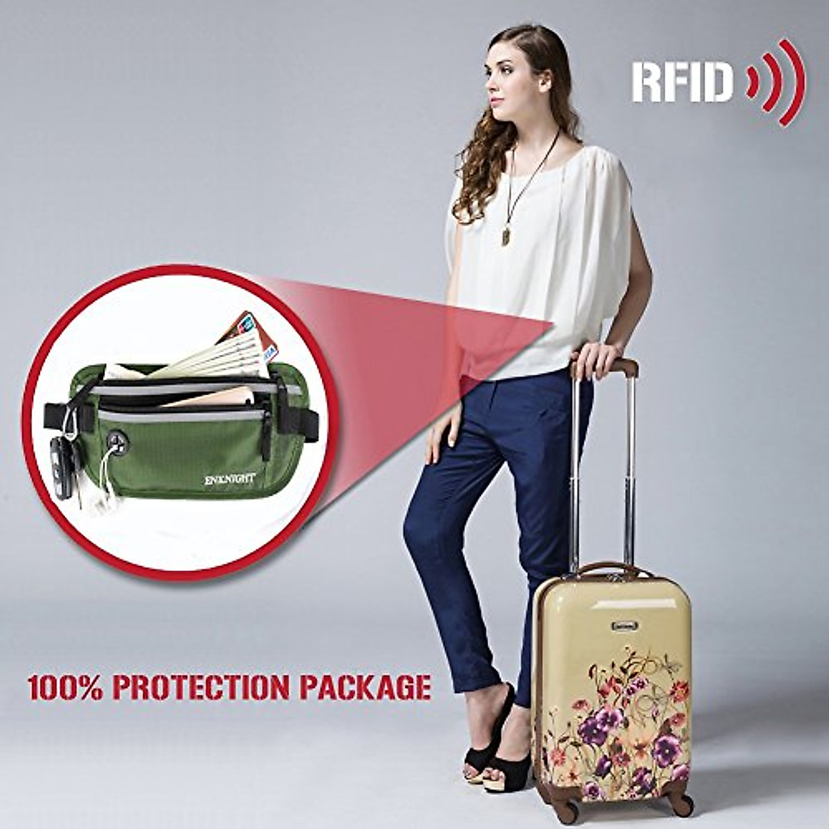 ENKNIGHT Big RFID Money Belt for Travel Running Waist Pack Fanny Pack Green