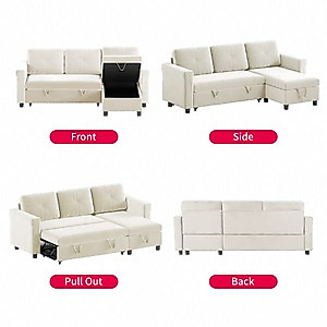 MUZZ Reversible Pull Out Sofa Couch, Sectional Sofa with Storage Chaise 3-Seat L-Shaped Sleeper Sofa, Ideal for Living Room, Apartment and Office etc. (Beige)