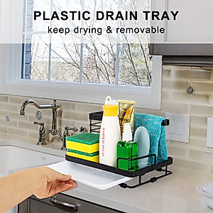 Mlesi Kitchen Sink Caddy Organizer, Soap and Dish Sponge Holder with Drain Tray, Countertop Soap Dispenser Scrubber Brush Dishcloth Storage Rack Rust-Proof Black