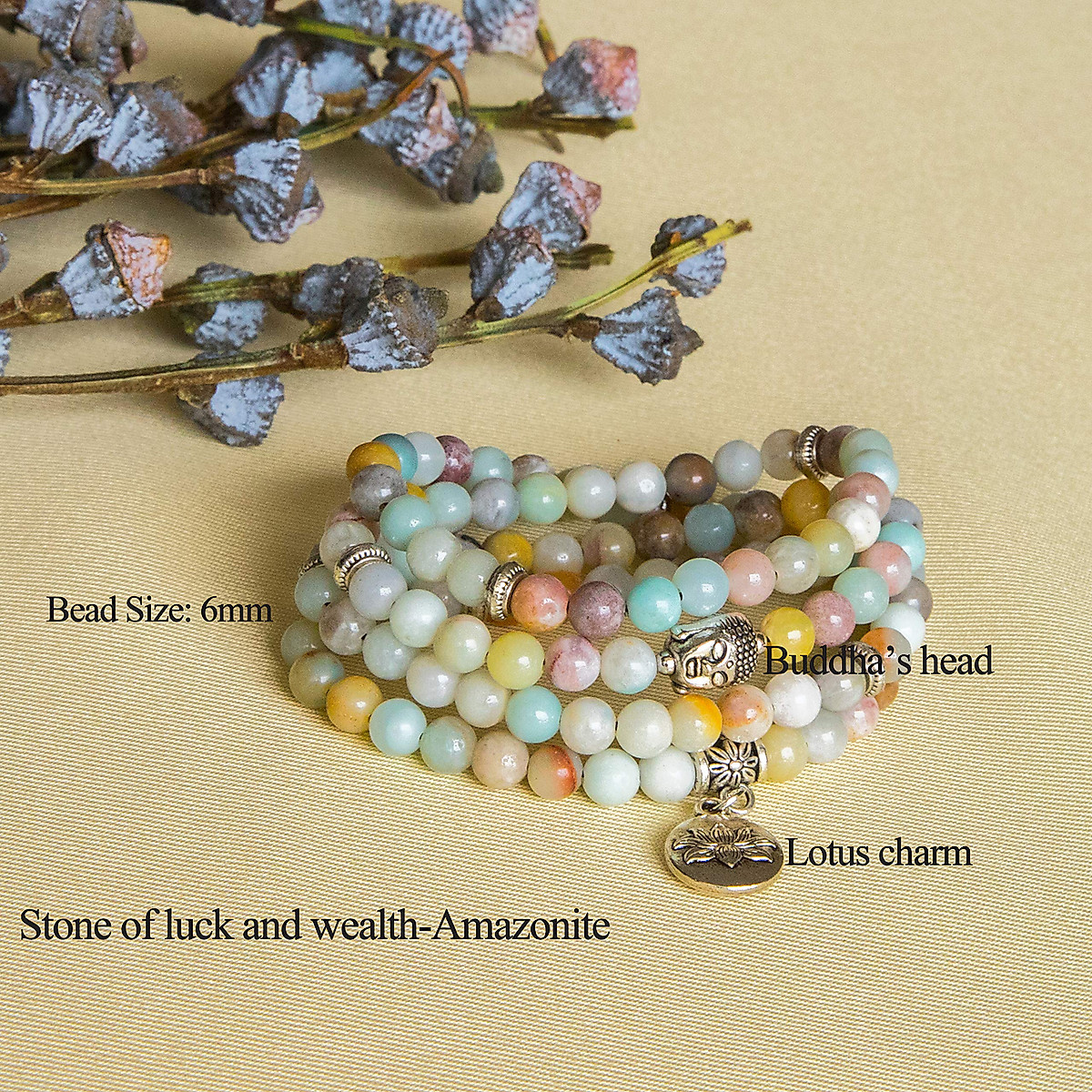 Bivei 108 Mala Beads Necklace Beaded Wrap Bracelets Genuine Gemstone Mala Prayer Beads Lotus Charm Yoga Meditation Necklace - -Amazonite