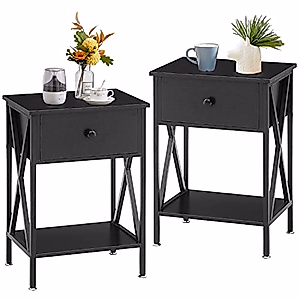 VECELO Modern Versatile Nightstands X-Design Side End Table Night Stand Storage Shelf with Bin Drawer for Living Room Bedroom, Set of 2 (Black)