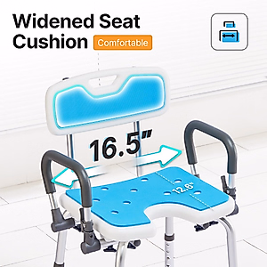 HEAO Shower Chair for Elderly Heavy Duty 400lbs, Cut Out Shower Seat with Drop Arms and Detachable Backrest, Handicap Bath Bench (4 Small Rubber Feet & 4 Big Suction Cups Replacement)