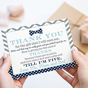 Paper Clever Party 25 Bow Tie Baby Thank You Cards Pack – Boys Baby Shower Notes with Envelopes, Prefilled Message, Customizable Blank Stationery, Adventure Theme, New Parents Gift Ideas