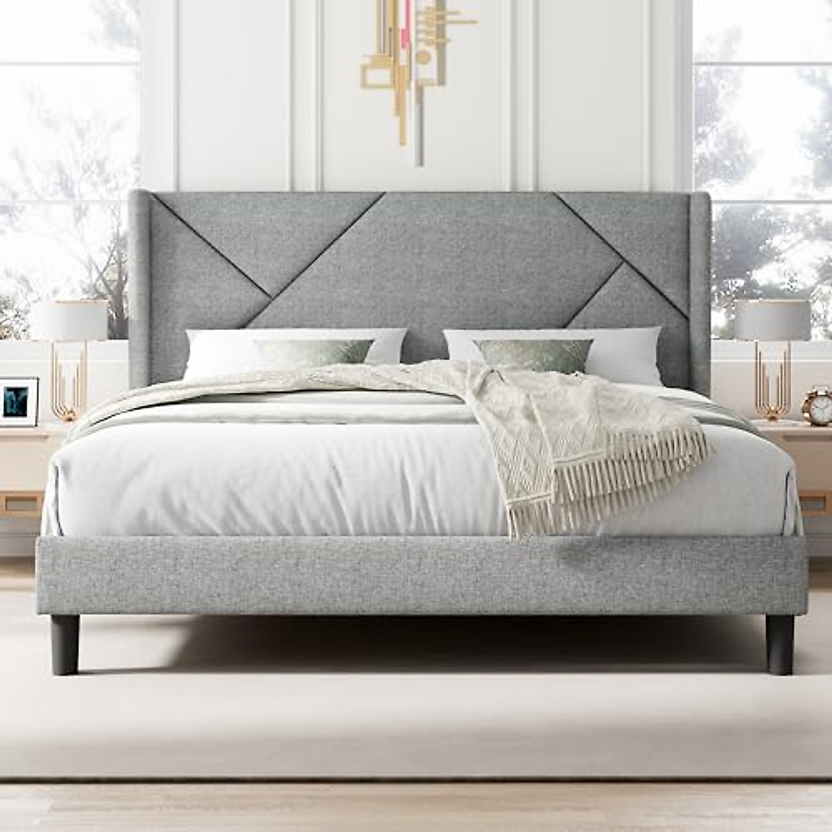 iPormis King Size Wingback Bed Frame, Modern Platform Bed with Minimalist Headboard, 8-in Storage Space/Heavy-Duty Structure/No Box Spring Needed/Noise-Free, Light Gray