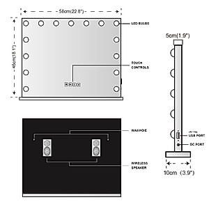 FENCHILIN Vanity Mirror with Lights and Speaker Hollywood Lighted Makeup Mirror with 15 Dimmable LED Bulbs for Dressing Room & Bedroom, Tabletop or Wall-Mounted