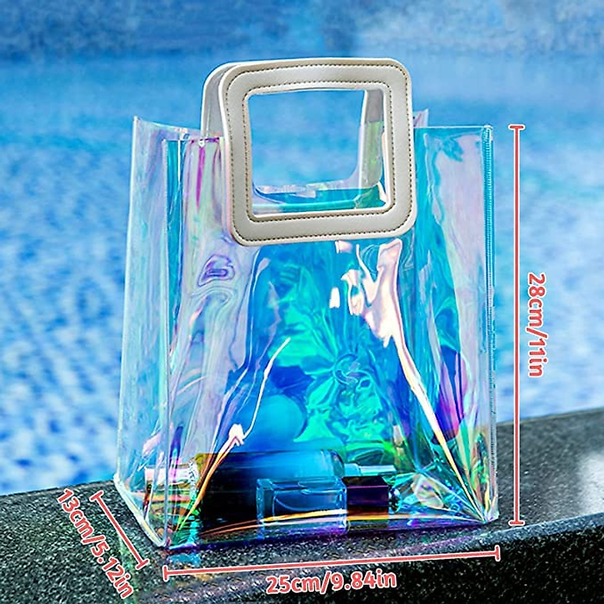 inheming Holographic Clear Tote Bag, Women Fashion Iridescent Hand Bag, Waterproof PVC Handbags for Work, Shopping, Beach, Stadium