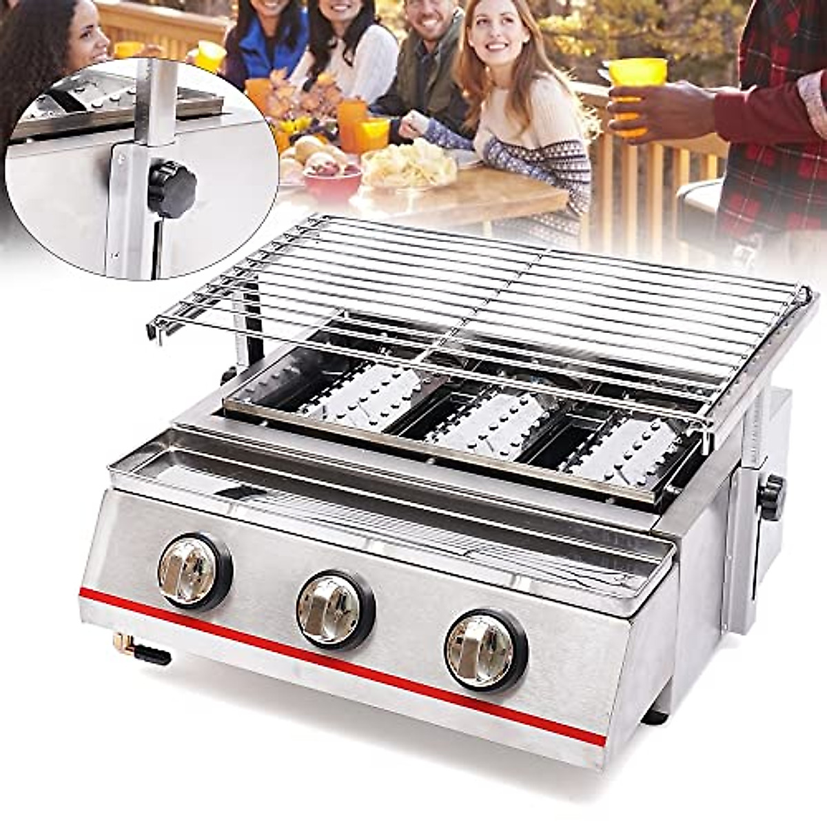 Tabletop Grill, 3-Burner Side Gas Grill, Portable Barbecue Grill, Stainless Steel BBQ Grill Cooker with Grill Net for Camping Parties Barbeque Picnics Outdoor Use