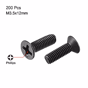 uxcell M3.5 x 12mm Phillips Screw Fastener Black for Laptop PC TV Fan Switch 200pcs