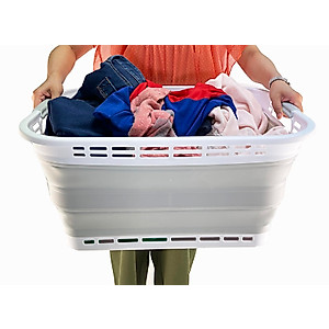 SAMMART 42L (11 gallons) Collapsible Plastic Laundry Hamper/Basket - Foldable Storage Container/Organizer - Portable Laundry Basket - Easy Storage Space Saving (White/Light Grey)