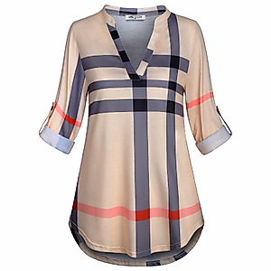 SeSe Code Work Blouses for Women, 2023 Tops for Leggings 3/4 Sleeve Fashion Tunic Checkered Business Casual Clothing Grey and Beige XXL