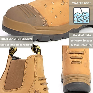 DIIG Work Boots for Men, Steel Toe Waterproof Working Boots, Slip Resistant Anti-Static Slip-on Safety Working Shoes 8 9 10 11 12 13 (TAN/822EE, 9.5)