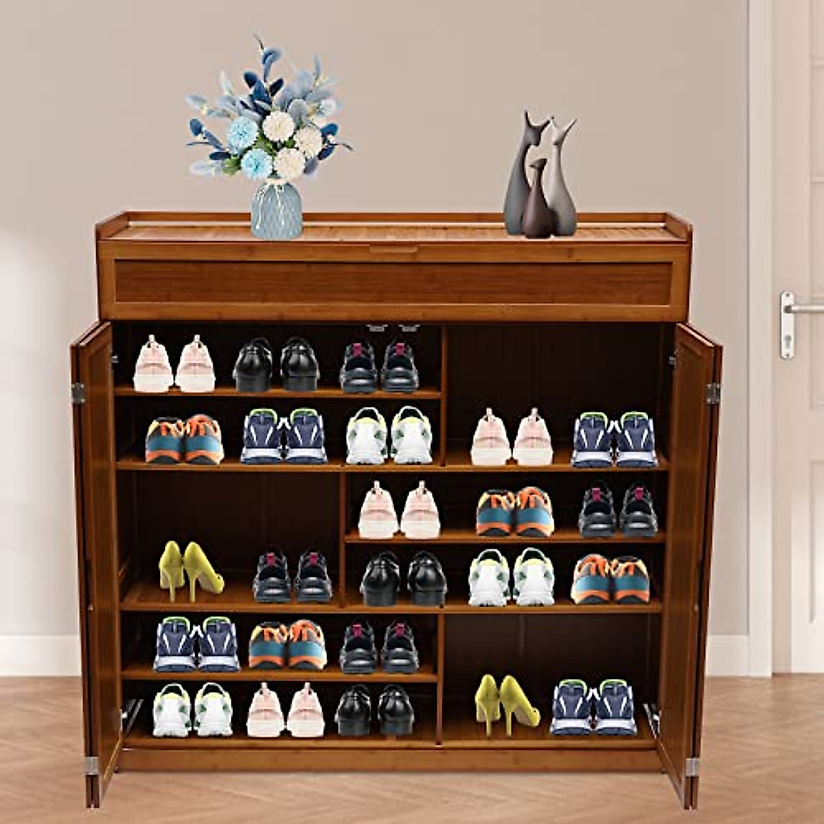 Bamboo 7-Tier Shoe Organizer Cabinet with Folding Door, Compartment Heels Long Boots, Hallway Entryway, Brown, Shoe Storage Cabinet, Shoes Rack Organizer for Bedroom Closet Entryway Living Room