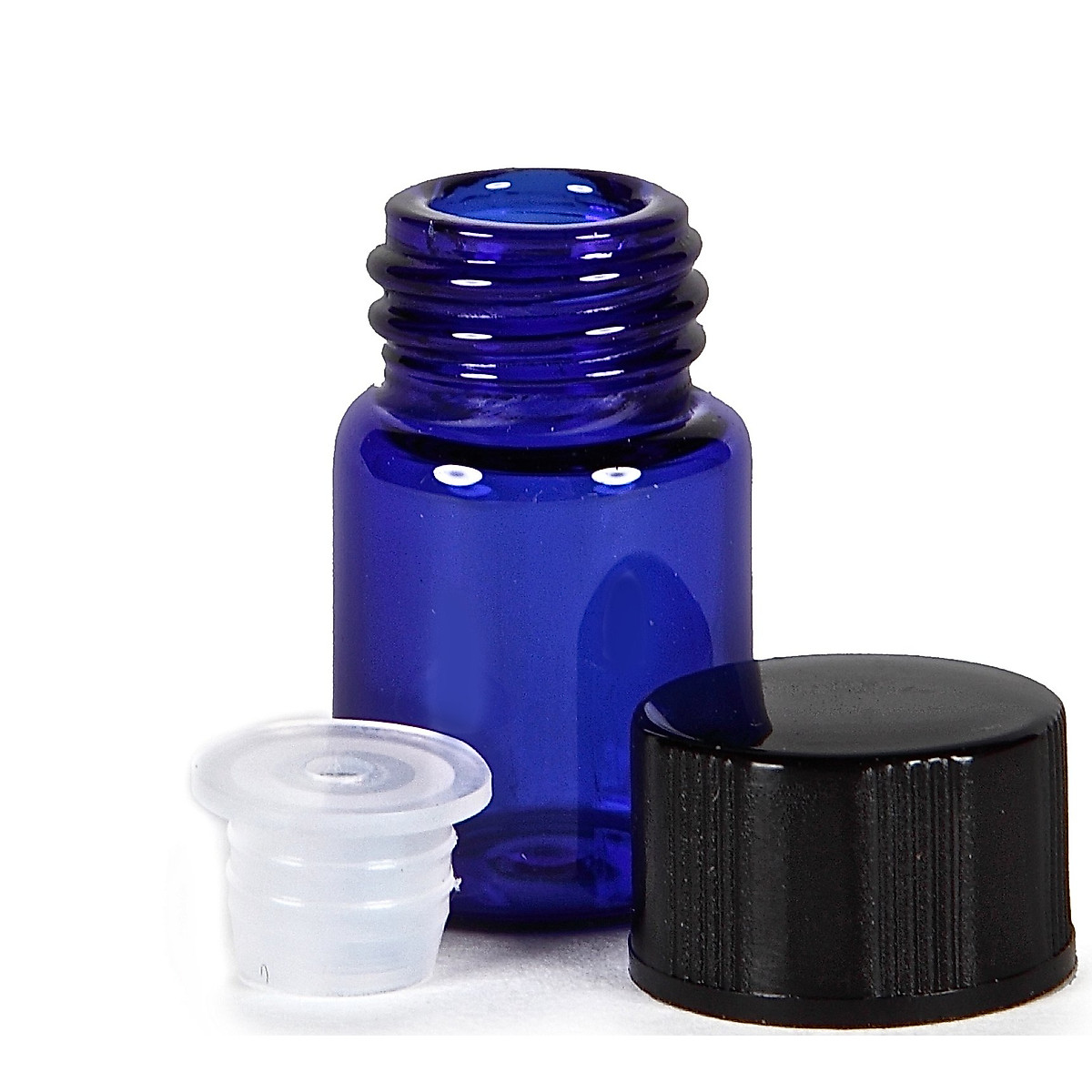 24, Cobalt Blue, 2 ml (5/8 Dram) Glass Bottles, with Orifice Reducers and Black Caps
