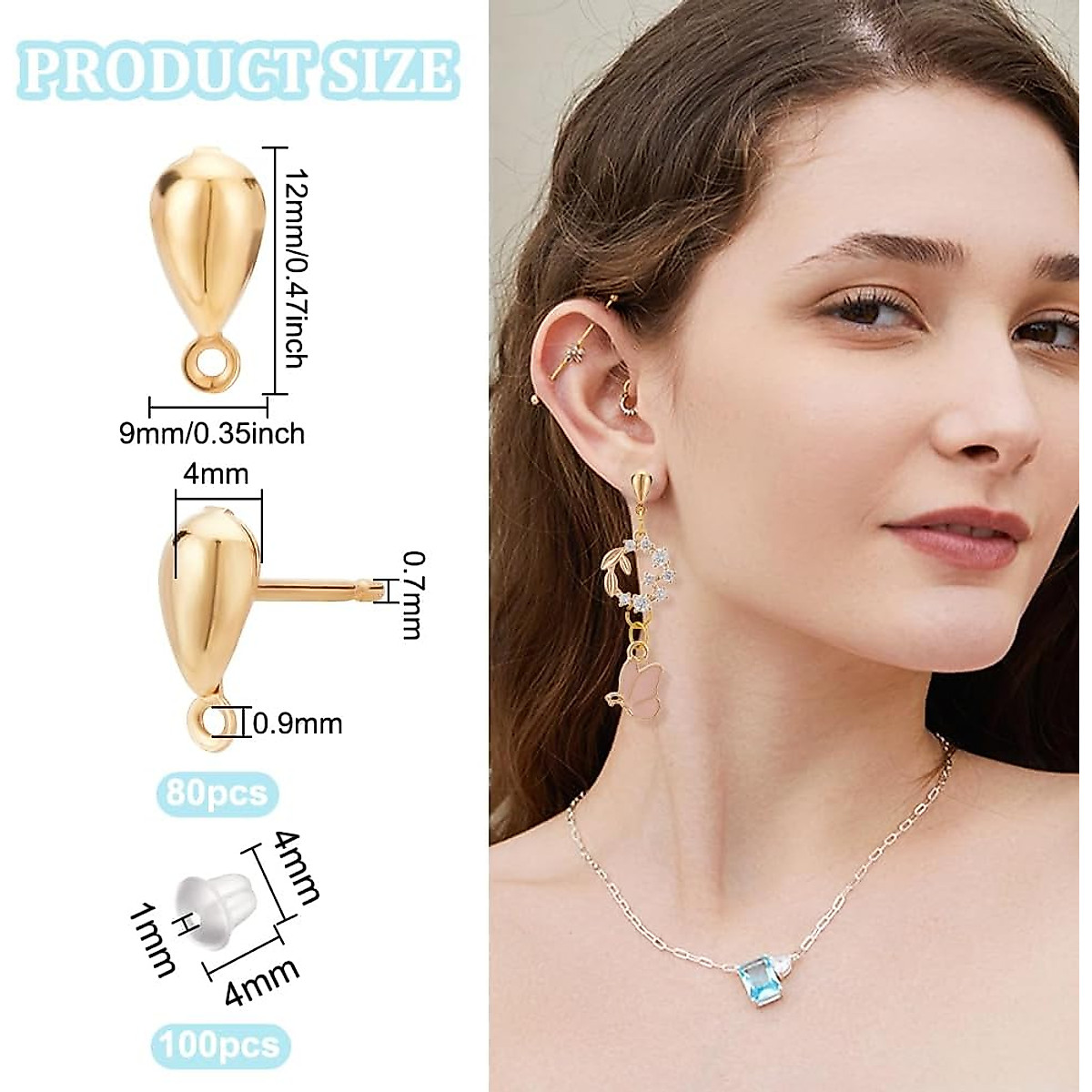 BENECREAT 80pcs 18K Gold Plated Brass Teardrop Earring Studs with 100pcs Plastic Ear Nuts for DIY Jewelry Making, Gold