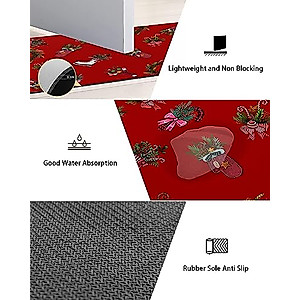 Christmas Bath Mat for Tub,Non Slip Bathroom Floor Runner Rug Quick Dry & Absorbent Diatomaceous Earth Shower Sink Bedroom Kitchen Washable Doormat,Red Candy Cane Pine Tree Berry Wreath 18x30+18x48