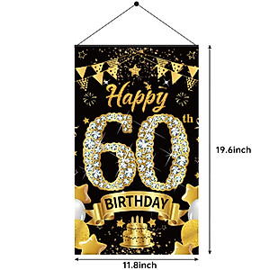 60th Birthday Decorations Door Banner Sign for Men Women, Happy 60 Birthday Door Hanging Party Supplies, Black Gold Sixty Year Old Bday Wall Hanger Decor