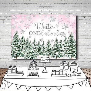 MEHOFOND 7x5ft Winter Onederland Backdrop for Girls First Birthday Pink Silver Glitter Snowflake Photography Background Pine Trees Happy 1st Birthday Party Banner Decorations Photo Booth Props