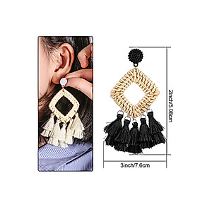 meekoo 2 Pairs Rattan Tassel Earrings Bohemian Statement Woven Dangle Fringe Earrings Ethnic Tassel Drop Earrings Vintage Jewelry for Women (Black and White)
