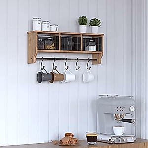 Merrick Lane Enid Wall Mount 24 Inch Solid Pine Wood Storage Rack with Upper Shelf, Hooks, and Wire Baskets for Living Room, Kitchen, or Entryway in Rustic Brown
