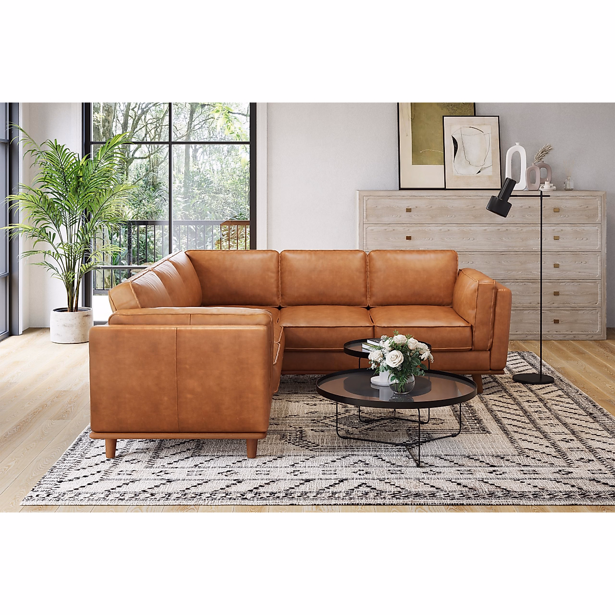 Valencia Artisan Full Leather Sofa - Pure Full Italian Nappa Leather Couch, Solid Wood Accent, Ultimate Comfort (Cognac, L-Shape Sectional)