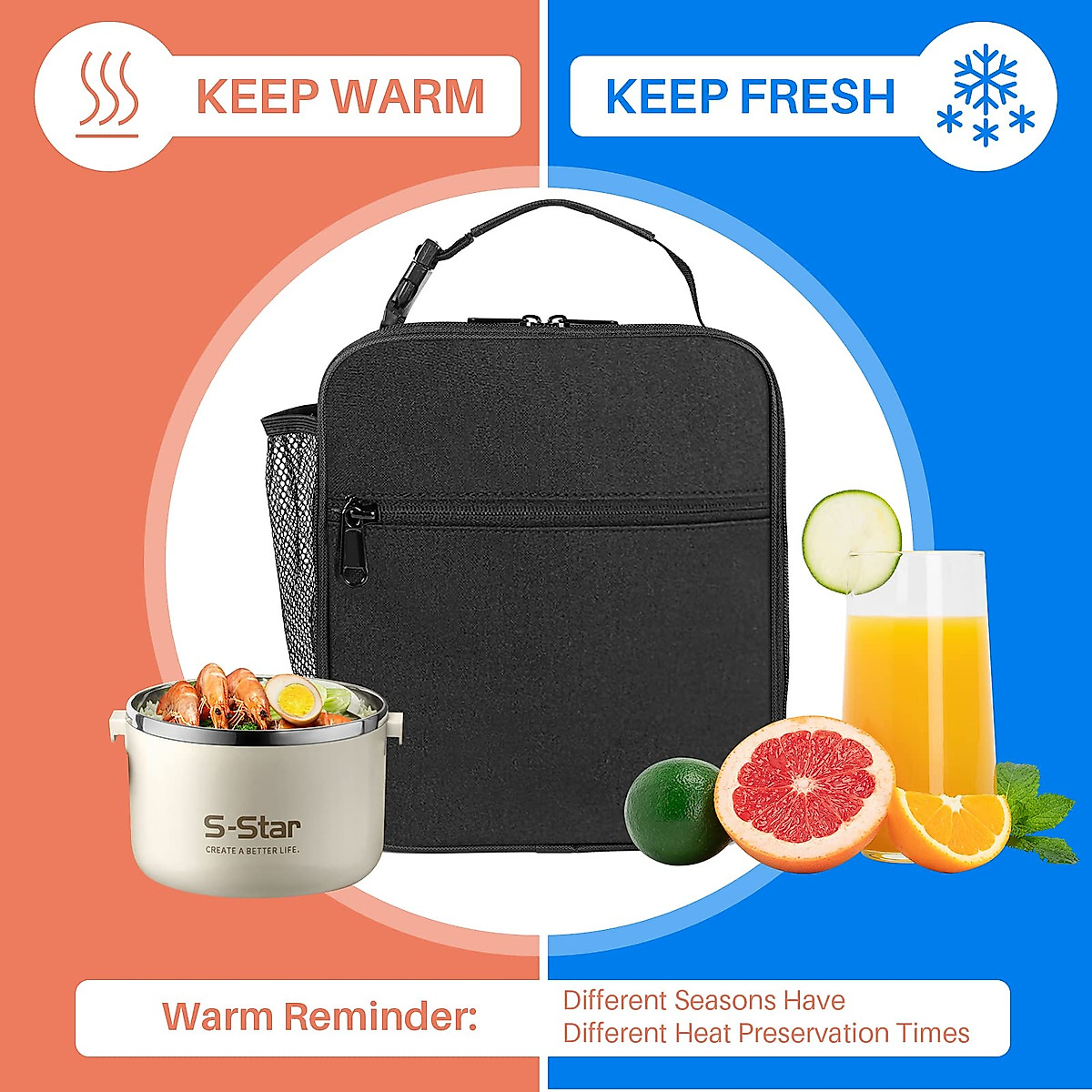 slticase Lunch Box for Men Women Adults, Insulated Lunch Bag for Office Work School Travel Picnic- Reusable Portable Soft Lunch box, School Thermal Meal Tote Bag Set Black