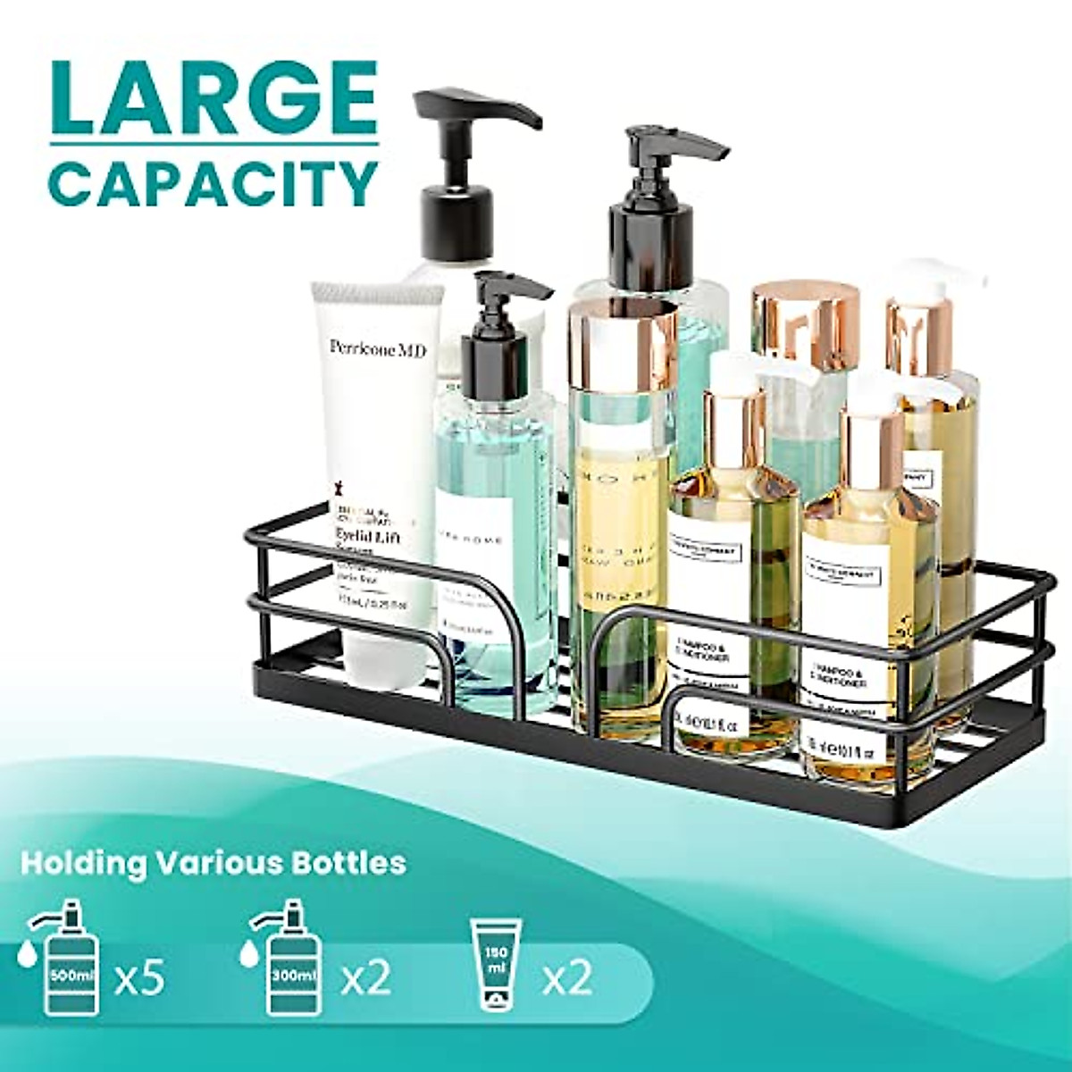 EZFurni Set of 4 Adhesive Shower Caddy, Rustproof Stainless Steel Bathroom Shower Organizer & Towel Holder Included, Solid Shower Shelves for Inside Shower,Roomy Shower Rack, Not Slide Down, Black