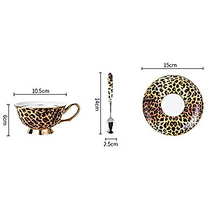 amokk Coffee Cup and Saucer Sets - 6.7 Oz Bone China Tea Cup with Saucer and Spoon - Fancy Coffee Mugs for Office, Coffee Table, Afternoon Tea (Leopard)