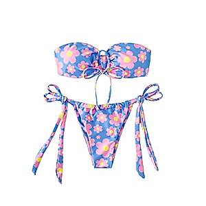 WDIRARA Women's Cutout Print Bandeau Top and Tie Side Bikini Set 2 Piece Sexy Swimsuits Blue Pink S