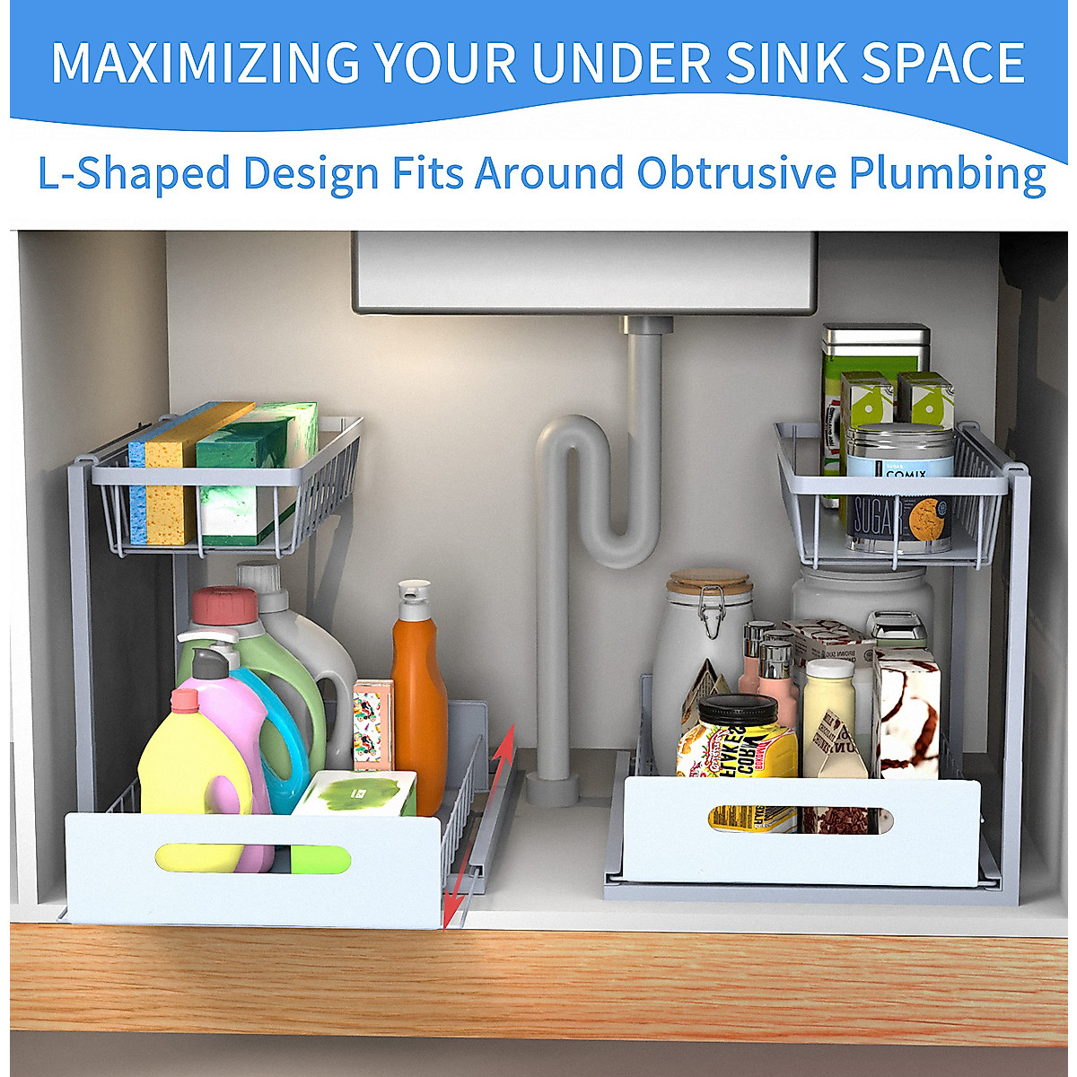 Under Sink Organizer, SUTINE 2 Tier L-Shape Bathroom Organizer, Pull Out Cabinet Organizer Storage Shelf, Multiuse Under Sink Organizers and Storage for Kitchen Bathroom (White)